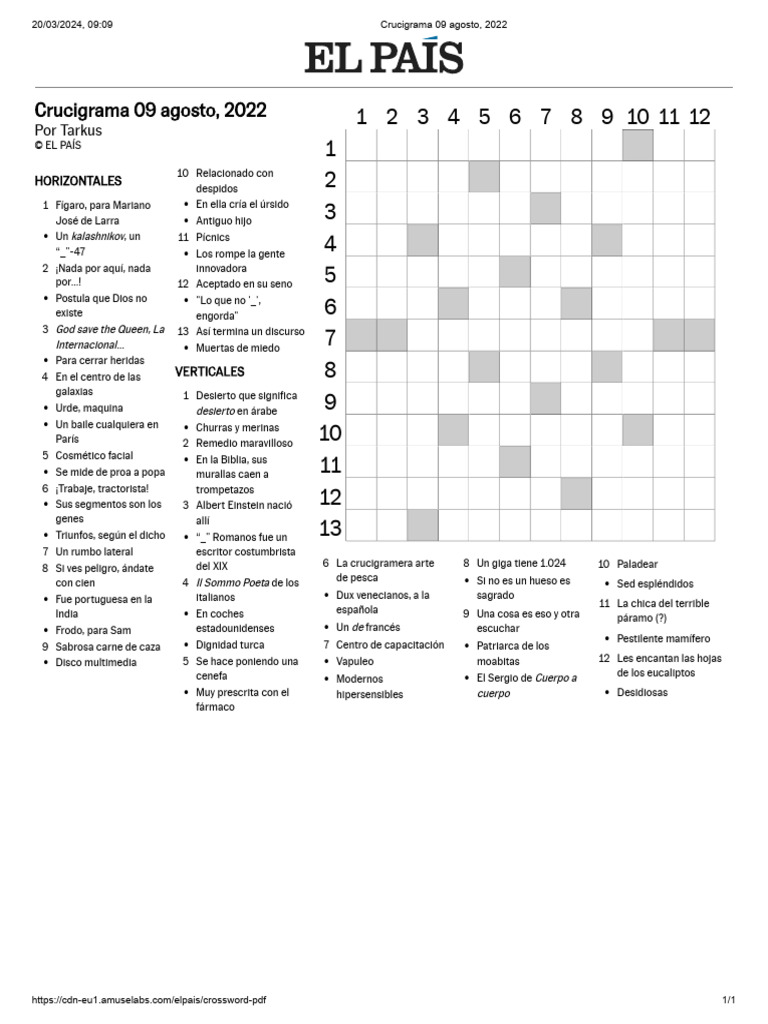 Crucigrama 09 Agosto, 2022: Por Tarkus | PDF