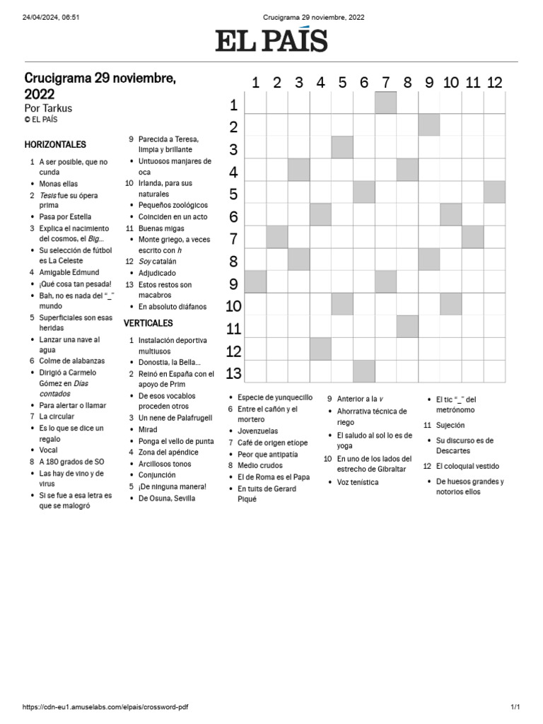 Crucigrama 29 Noviembre, 2022: Por Tarkus | PDF