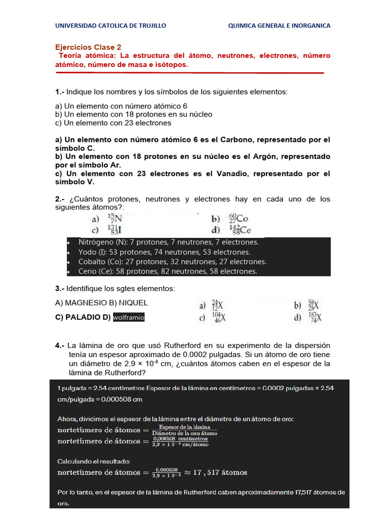 EJERCICIOS Sesion 2 de QUIMICA GENERAL E INORGANICA | PDF | Isótopo | Neutrón