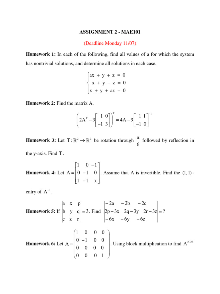Assignment2 - Mae 101 | PDF | Matrix (Mathematics) | Eigenvalues And Eigenvectors
