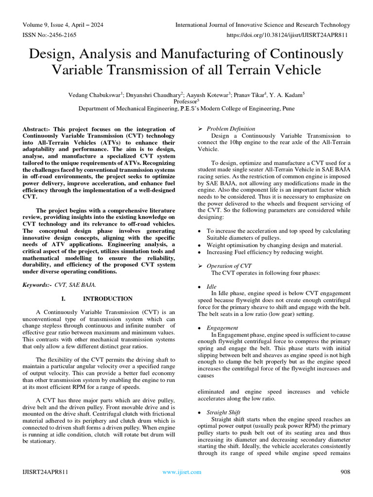 Design, Analysis and Manufacturing of Continously Variable Transmission ...