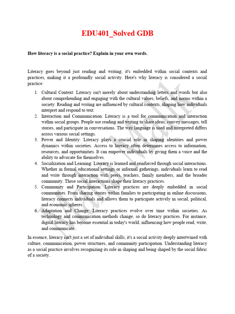 EDU401 - Solved GDB | PDF | Literacy | Community