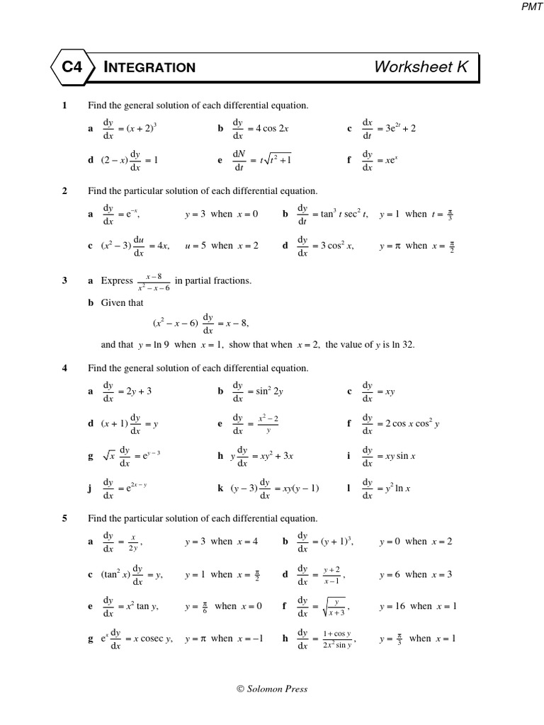 Differential Equations Solutions Worksheet | PDF | Calculus | Algebra