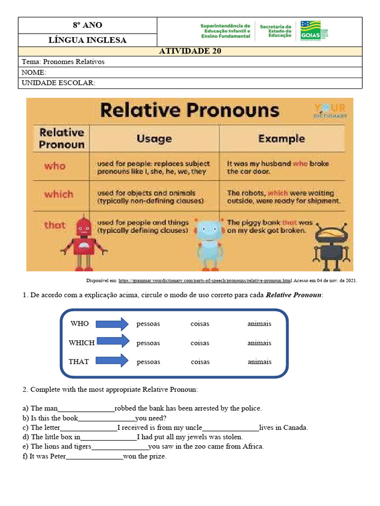 Relative Pronouns Activity for 8th Grade | PDF | Syntax | Grammar