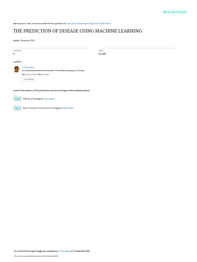 The Prediction of Disease Using Machine Learning | PDF | Statistical Classification | Machine ...