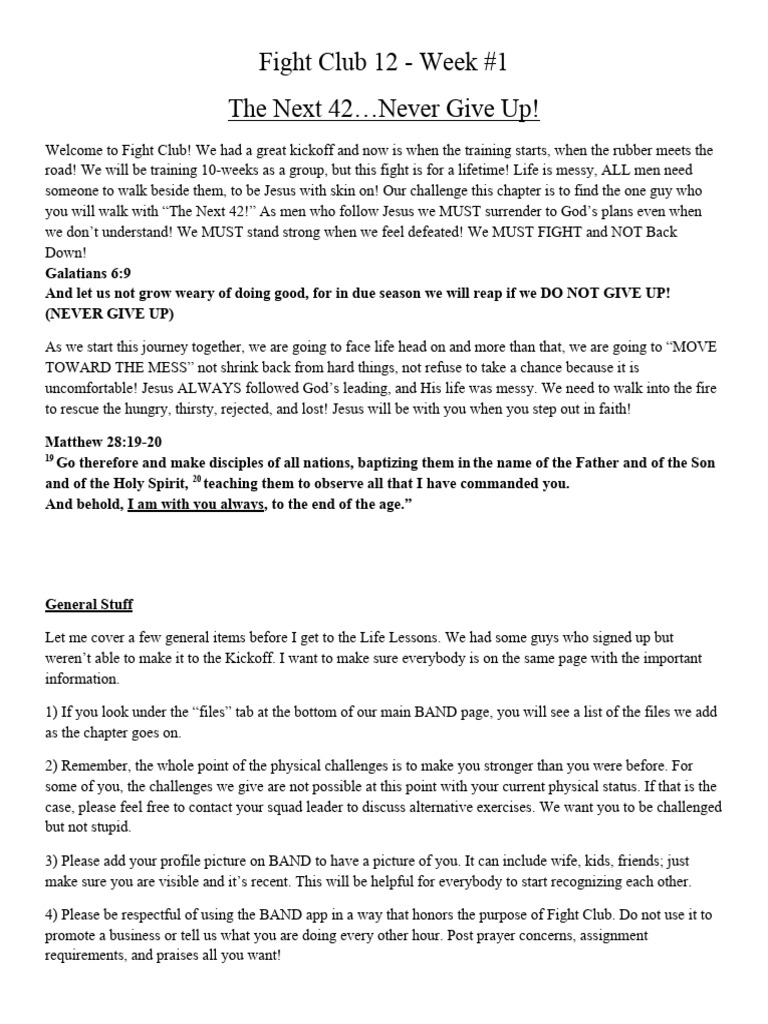 Fight Club 12: Week 1 Overview and Goals | PDF | Jesus | Chapters And ...