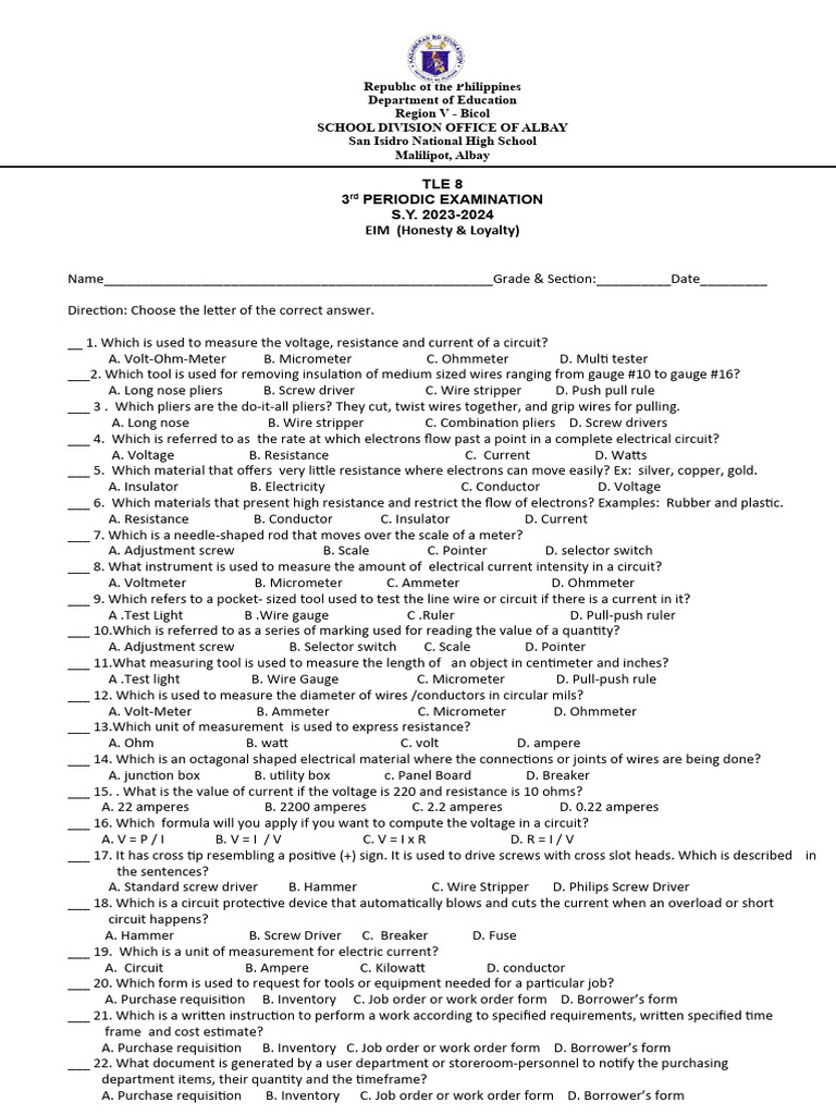Eim Exam Grade 8 | PDF | Electrical Resistance And Conductance | Hazards