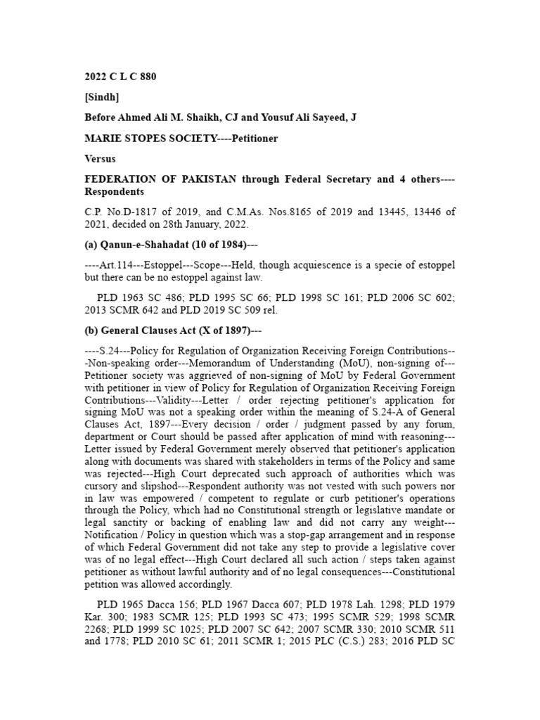 Marie Stopes Society vs. Pakistan Government | PDF | Government Of ...