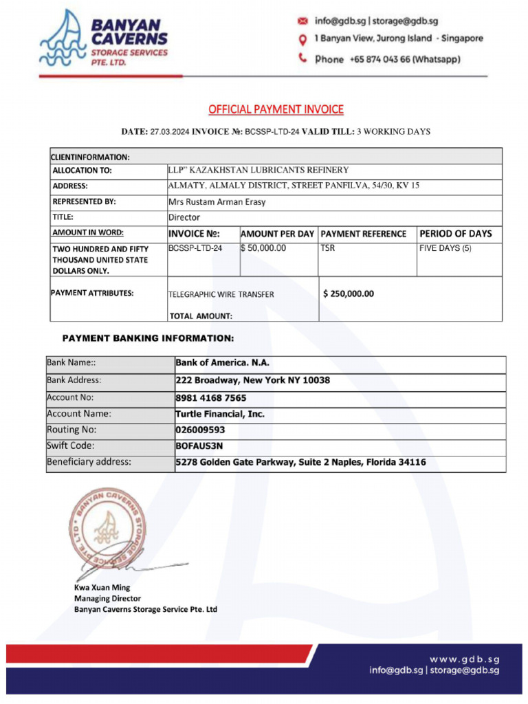 Banyan Caverns Storage Services Payment Invoice To - 240327 - 214935 | PDF