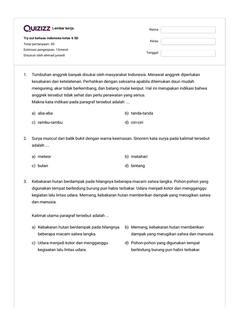 Try Out Bahasa Indonesia Kelas 6 SD - Quizizz | PDF