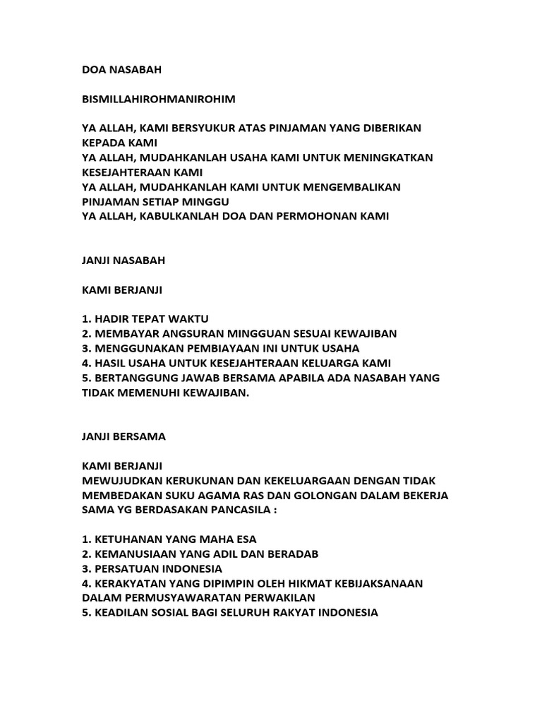 Doa dan Janji Nasabah PNM Mekaar | PDF