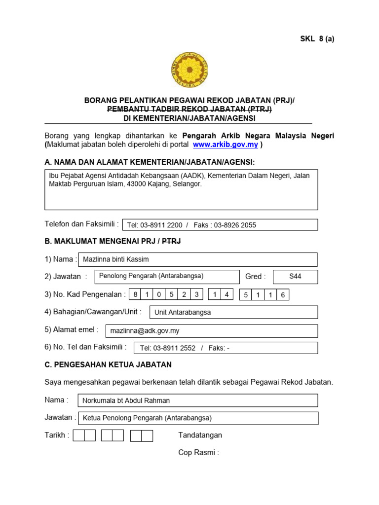SKL 8 (A) Borang Perlantikan PRJ Dan PTRJ | PDF