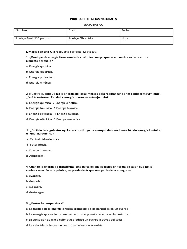 Prueba de Ciencias Naturales | PDF | Plantas | Calor