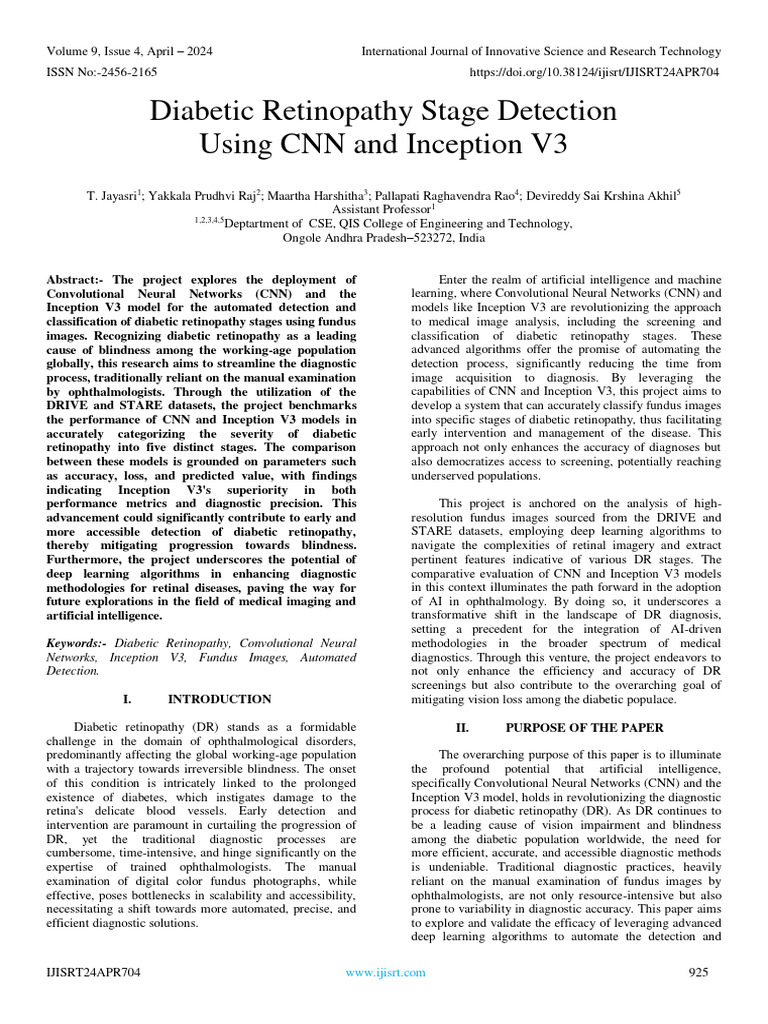 Diabetic Retinopathy Stage Detection Using CNN and Inception V3 | PDF ...