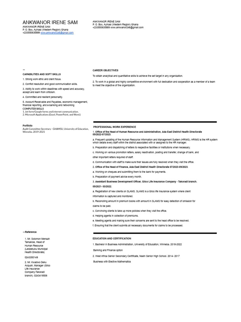 Irene Ankwanor Sam Resume 1 | PDF | Insurance | Life Insurance