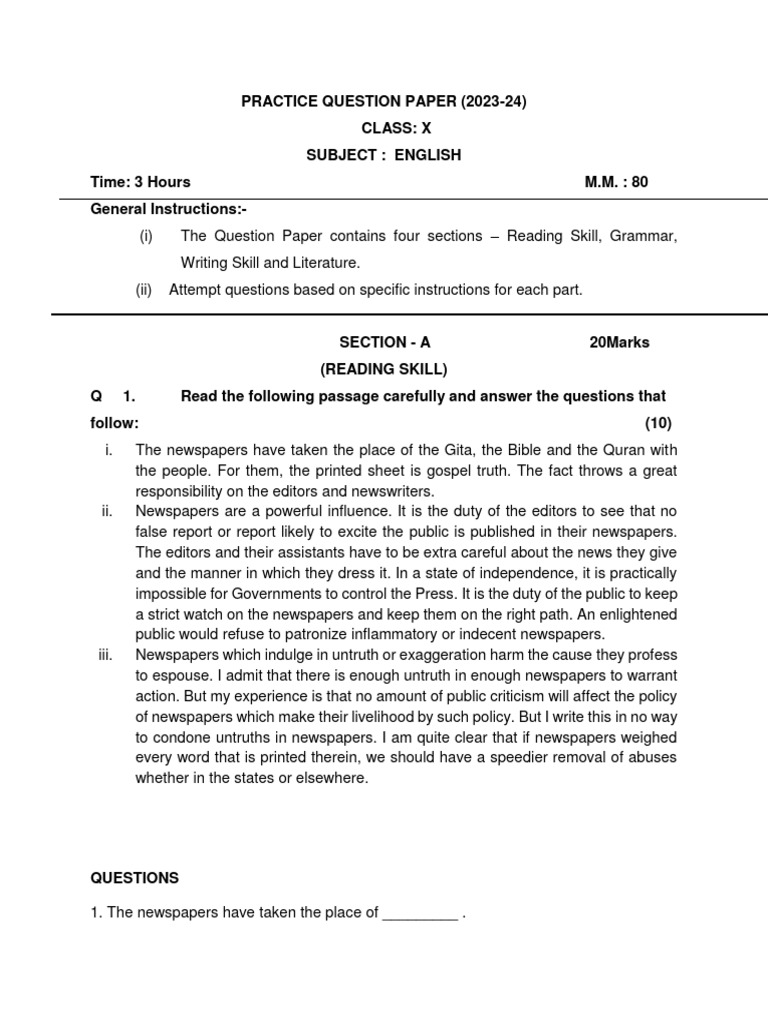 English Question Paper With Answer Key 2 | PDF | Newspapers | Science