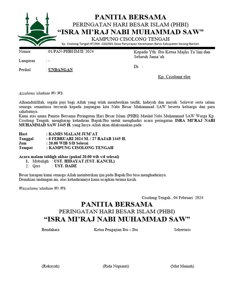 Undangan Isra Mi'raj Cisolong Tengah | PDF