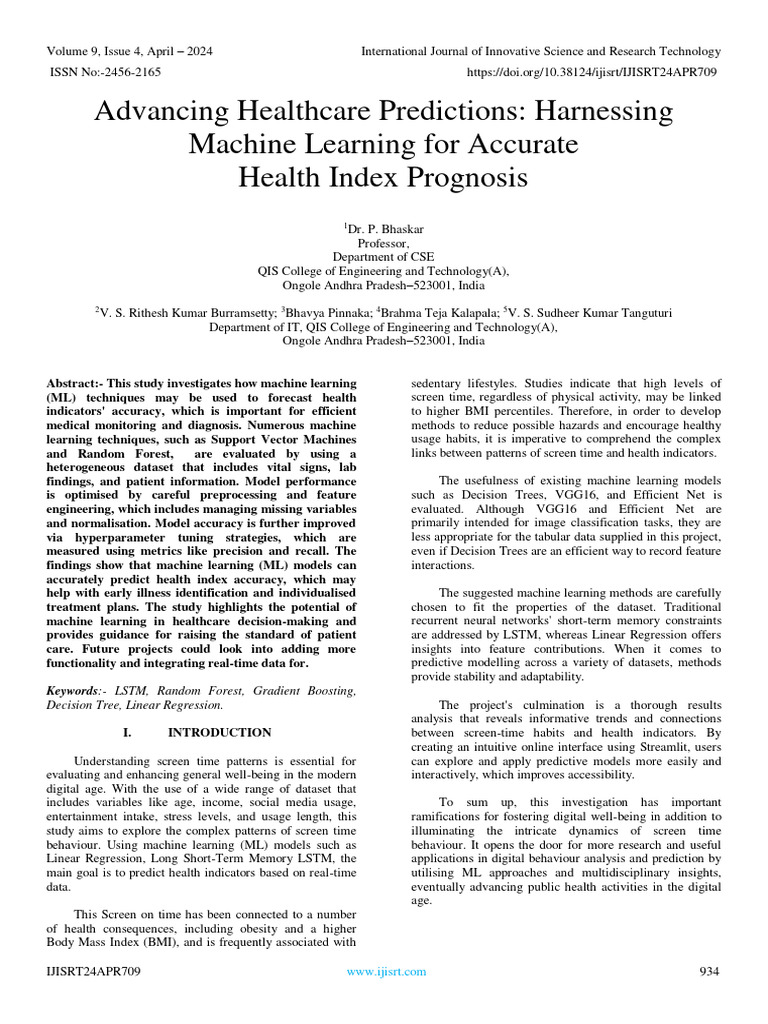 Advancing Healthcare Predictions: Harnessing Machine Learning For Accurate Health Index ...