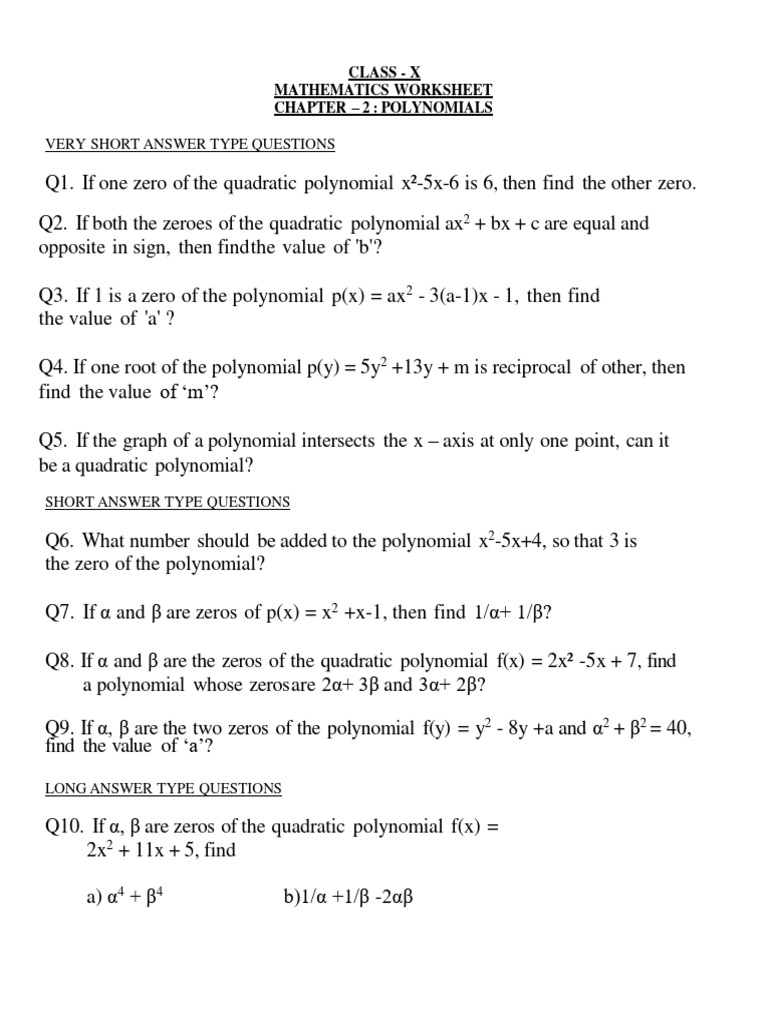 Polynomials Worksheet | PDF
