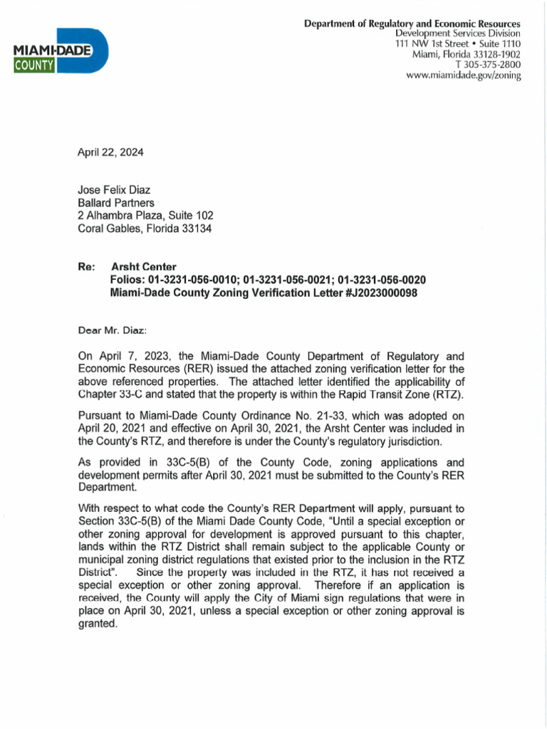 Miami-Dade County Zoning Verification Letter 4-22-24 (Arsht) | PDF