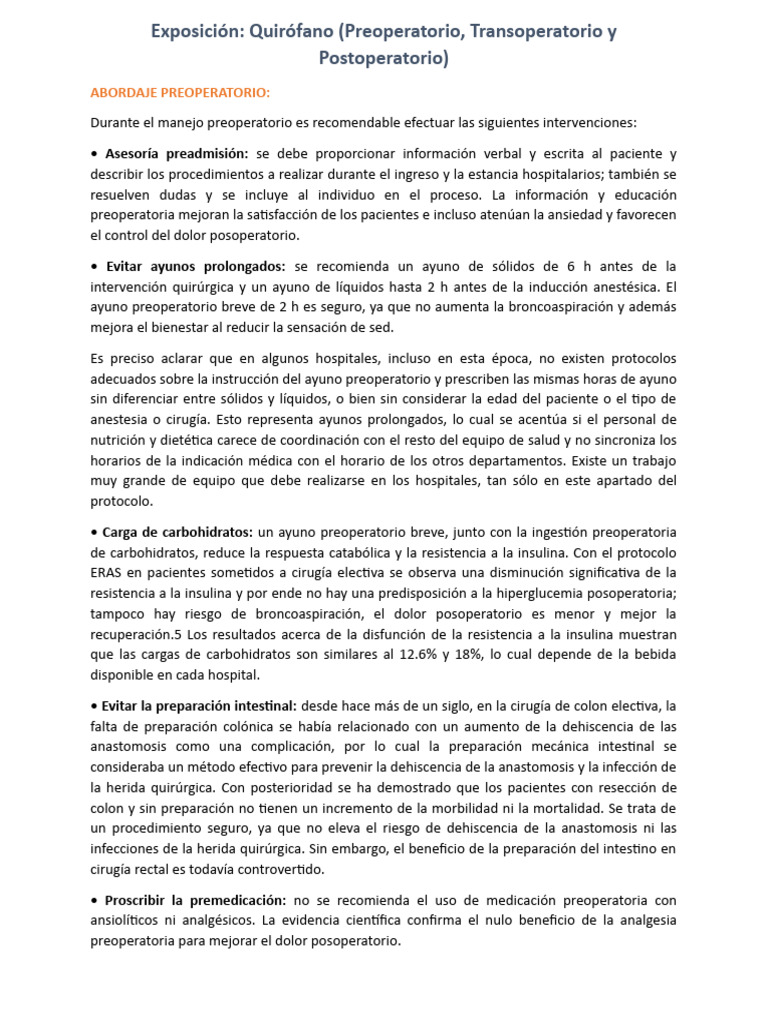Quirófano Preoperatorio Transoperatorio Y Postoperatorio Pdf
