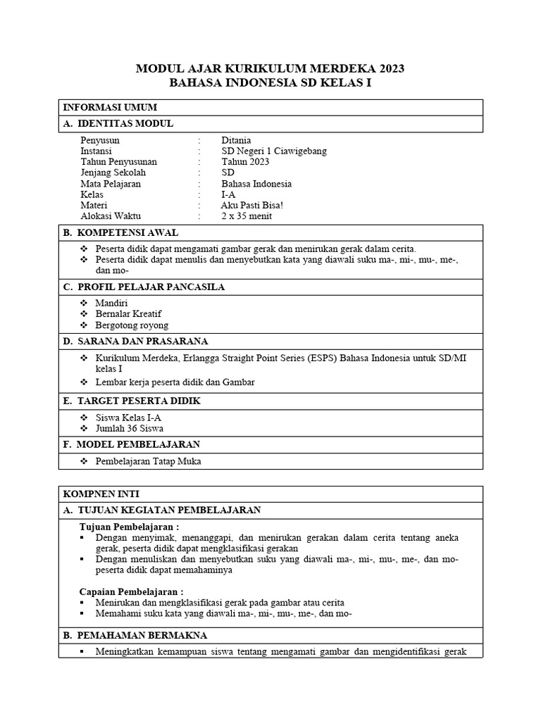 Modul Ajar Kurmer Kelas I-A (Indonesia) | PDF