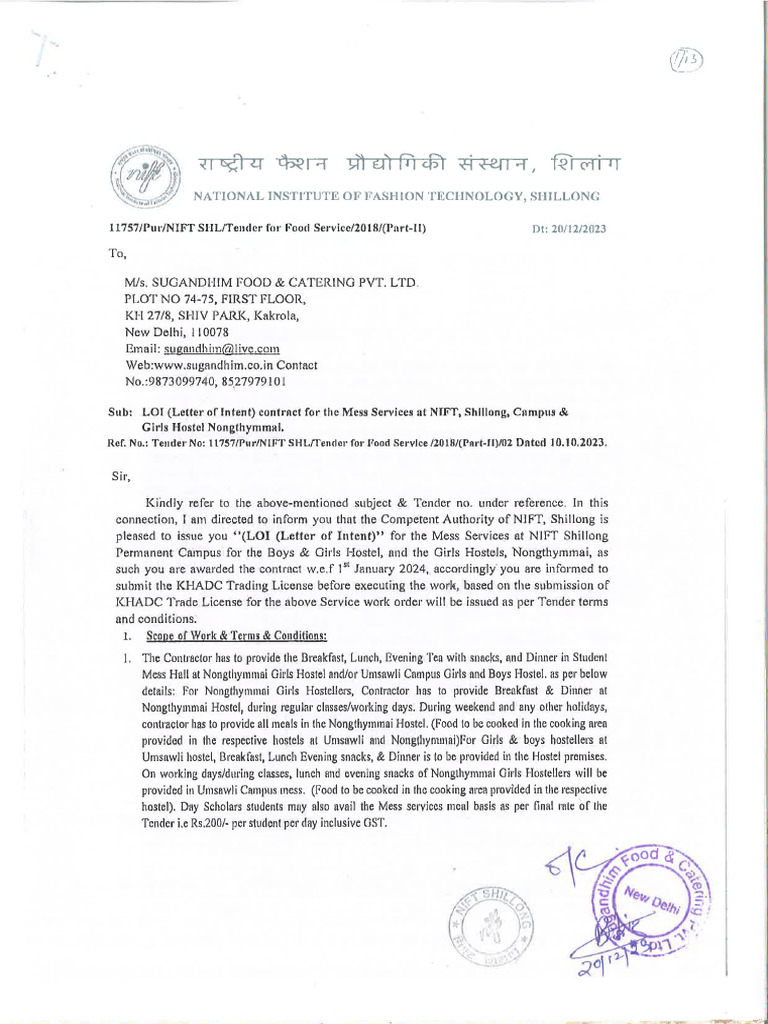 Letter of Intent Mess Services - NIFT | PDF