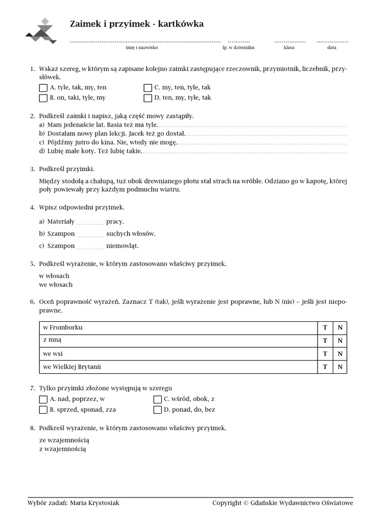 Zaimek I Przyimek - Kartkówka Klasa 4 | PDF