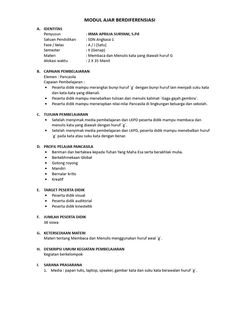 Modul Ajar Berdiferensiasi Kelas 1 B Indo | PDF