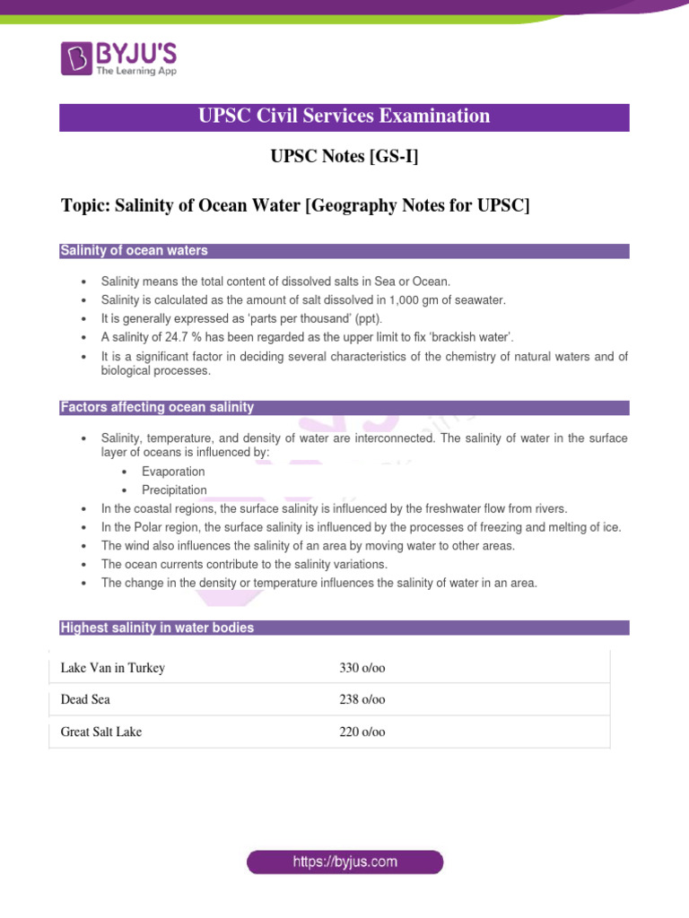 Salinity of Ocean Water Geography Notes For UPSC | PDF