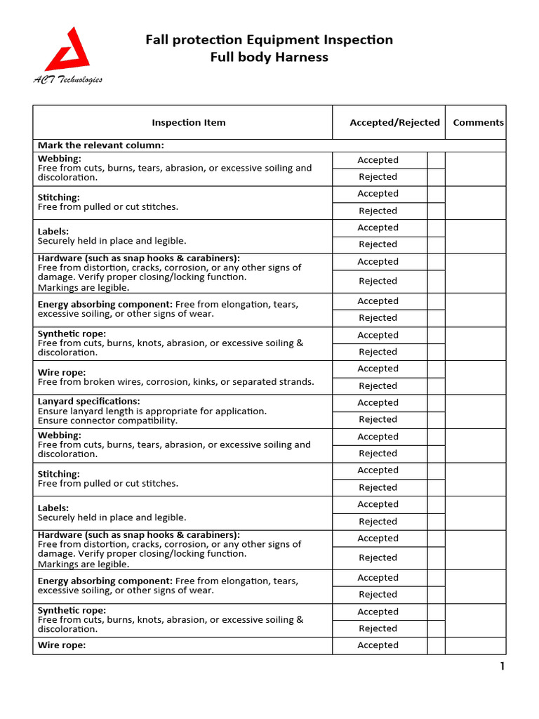 Full Body Harness Inspection Checklist | Download Free PDF | Rope Full Body Harness Inspection Checklist | Download Free PDF | Rope