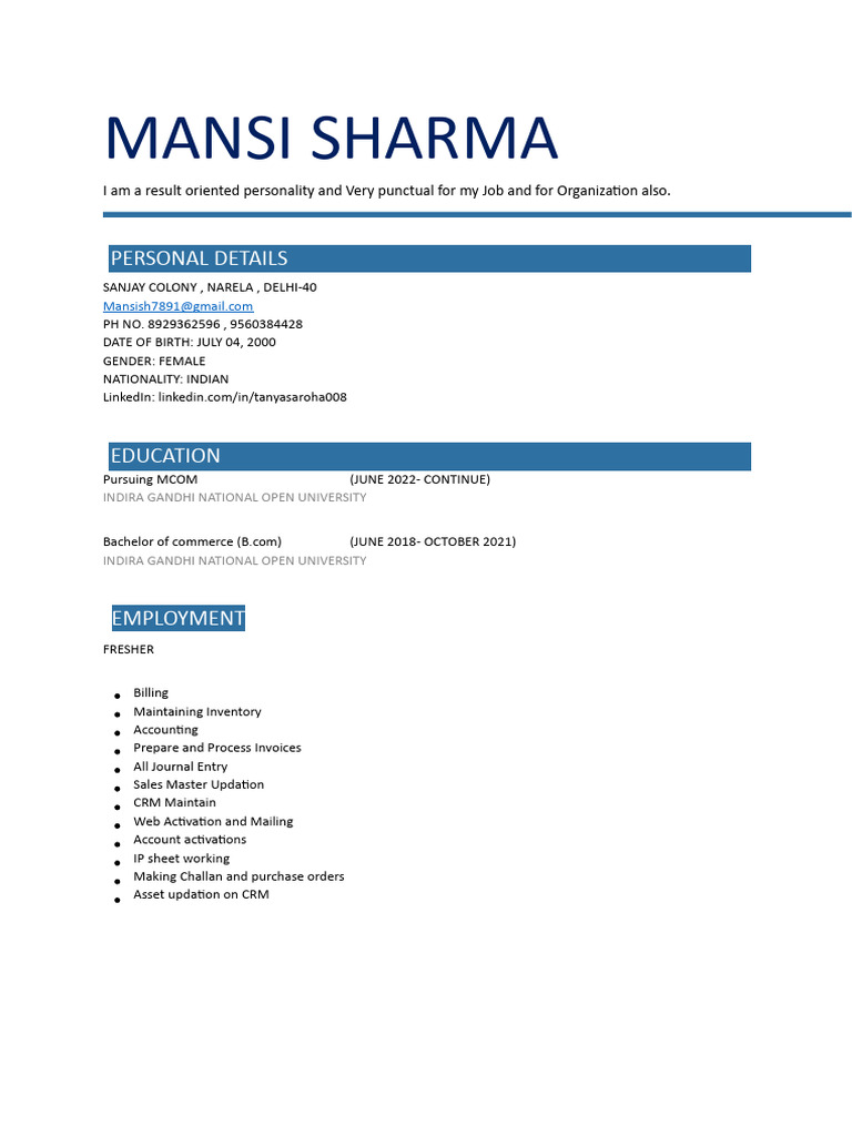 Mansi Sharma: Personal Details | PDF | Business
