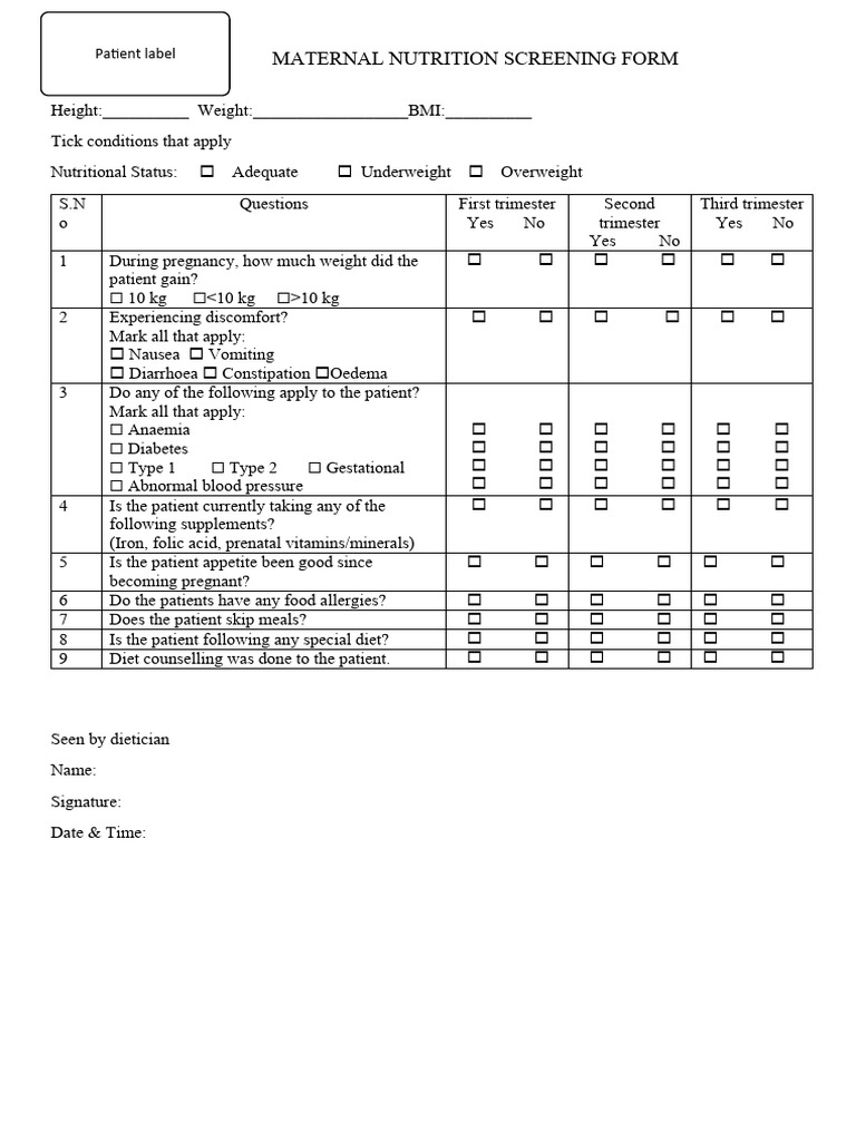 Maternal Nutrition Screening Form | PDF | Pregnancy | Foods
