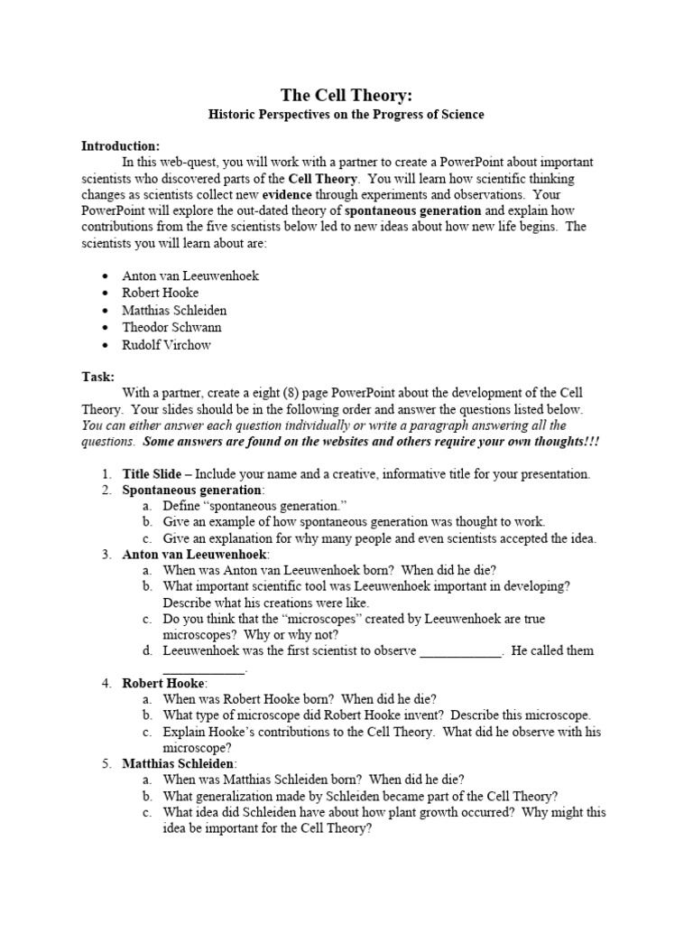 Cell Theory Spont Gen Webquest | PDF | Biology | Epistemology Of Science