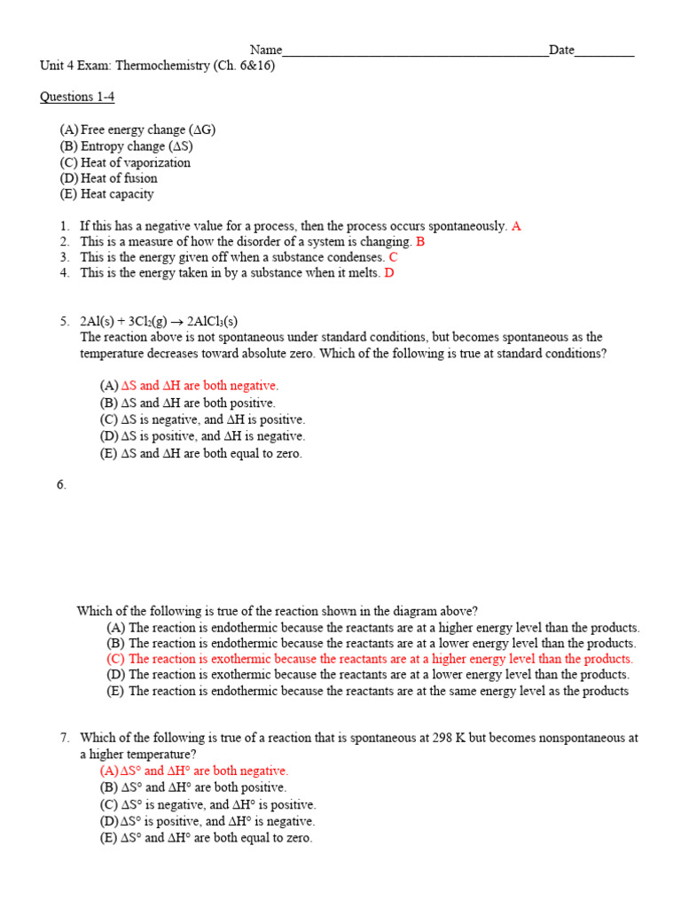 Thermochemistry Exam Questions and Answers | PDF | Phase (Matter) | Heat