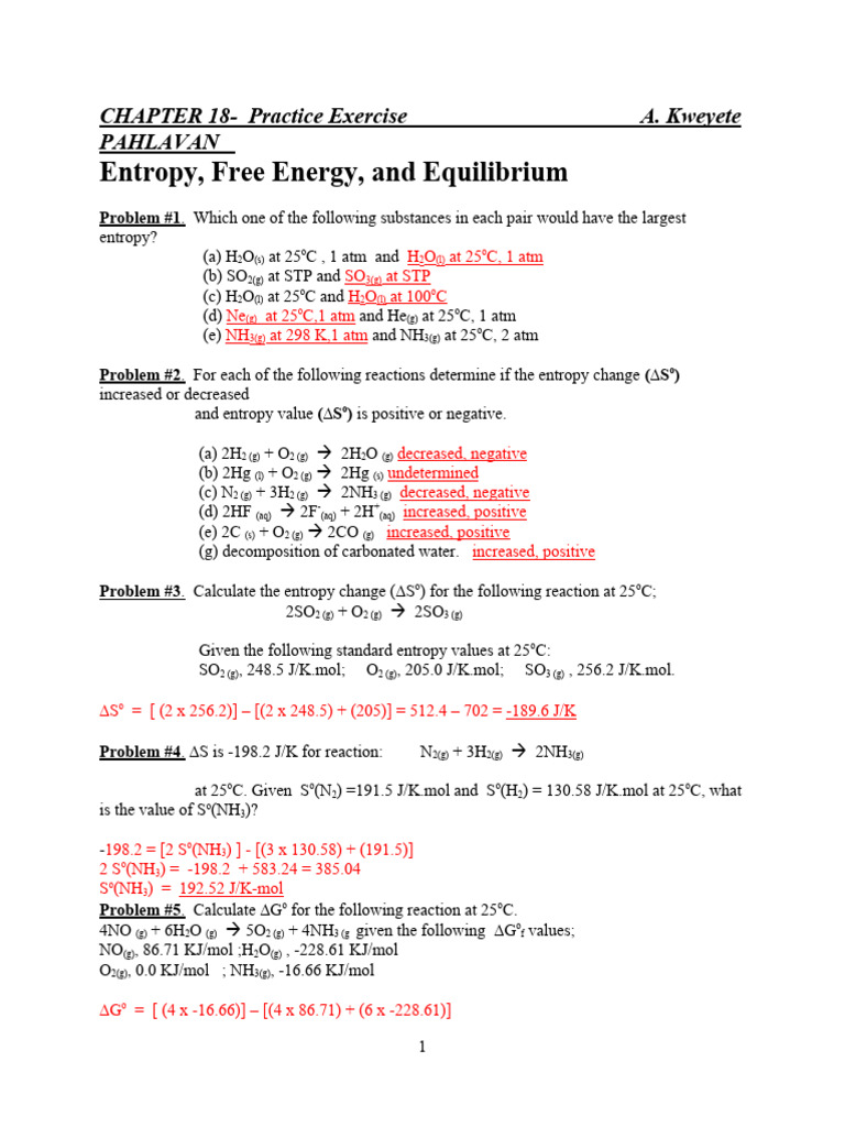 Chemistry Entropy Exercises | PDF | Chemical Equilibrium | Chemical ...
