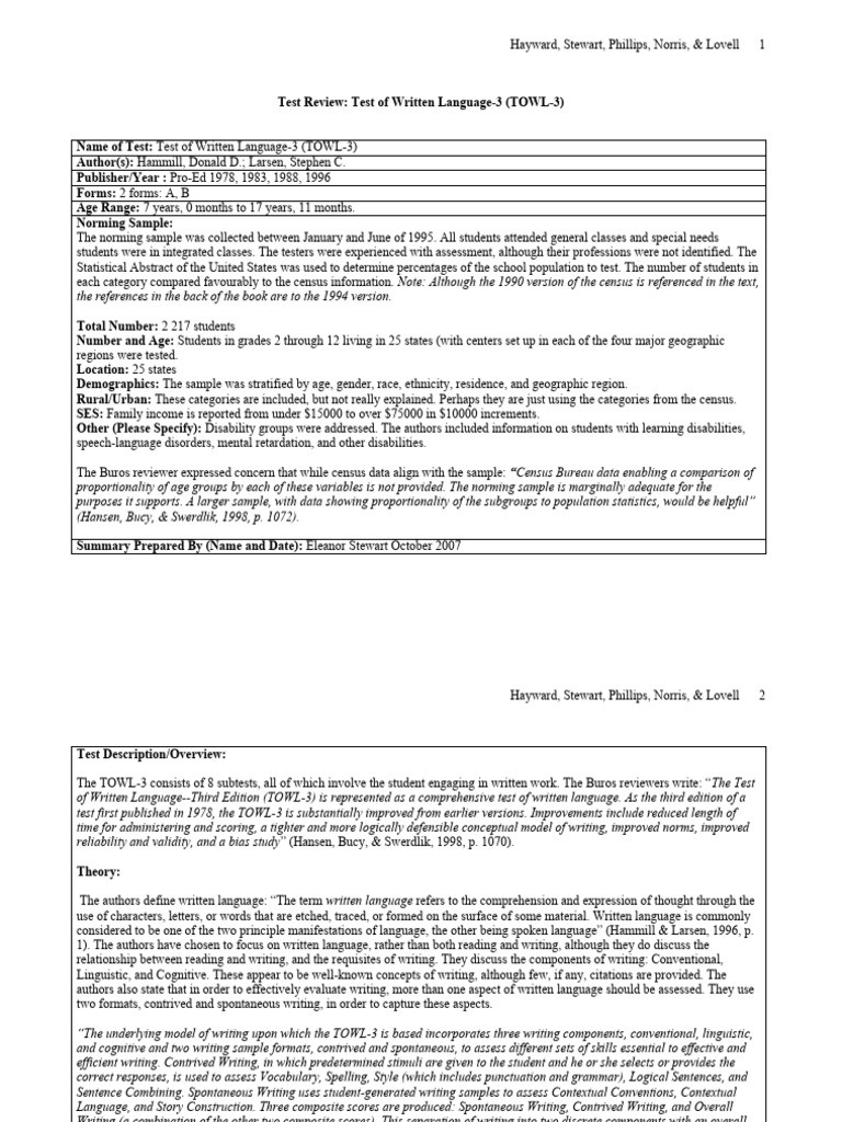 Test of Written Language-3 (TOWL-3) | PDF | Validity (Statistics ...