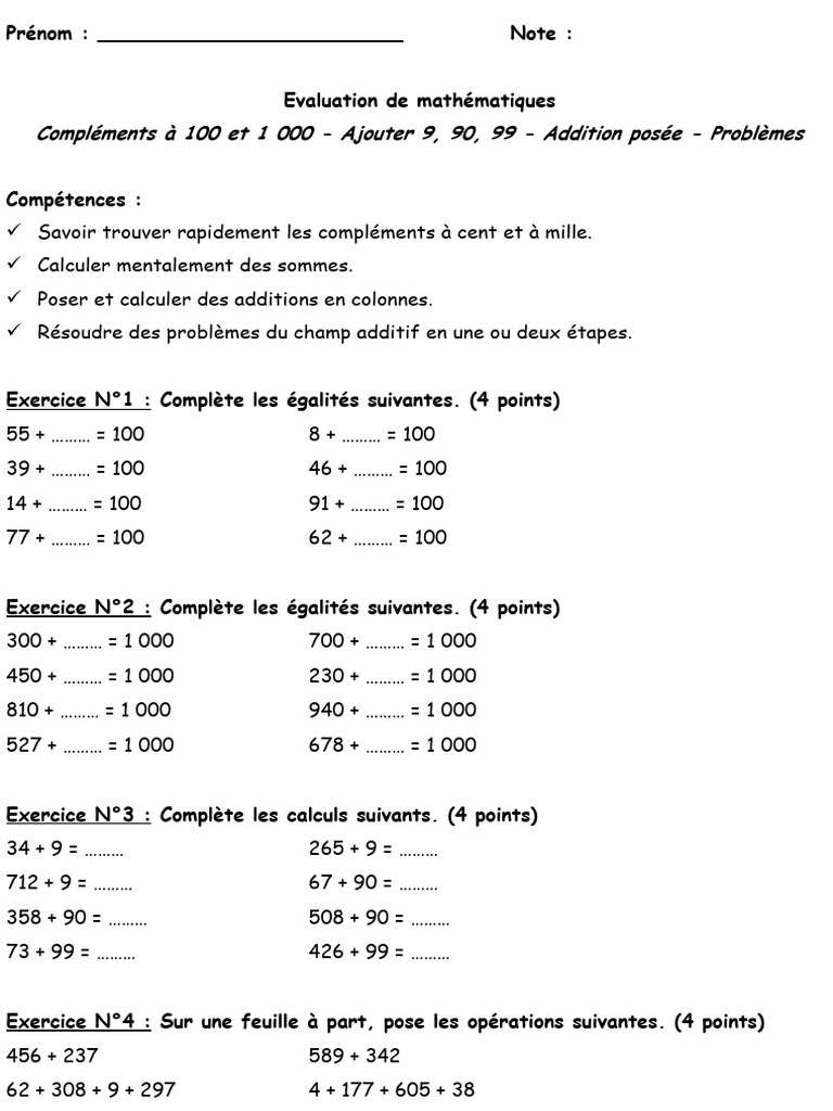 CALCUL 2 - Evaluation - Compléments - Additions 9 99 90 - Poser Des ...