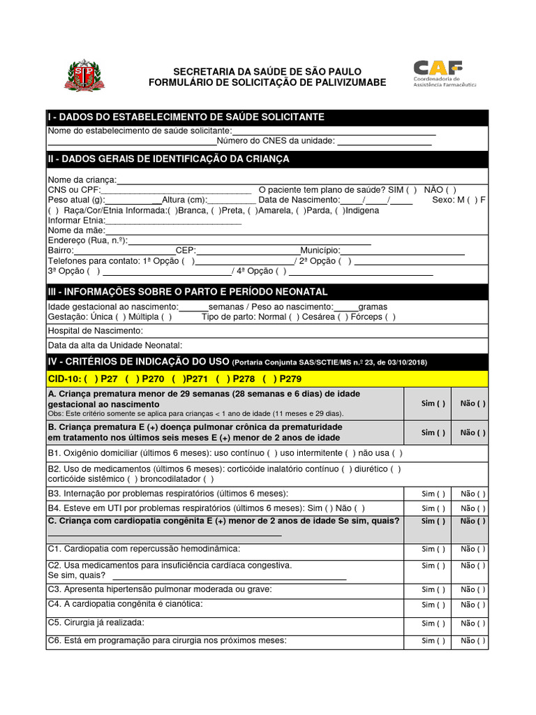 Formulario de Solicitacao de Palivizumabe | PDF