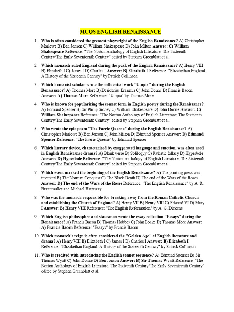 MCQS English Renaissance | PDF | English Poetry | Ben Jonson