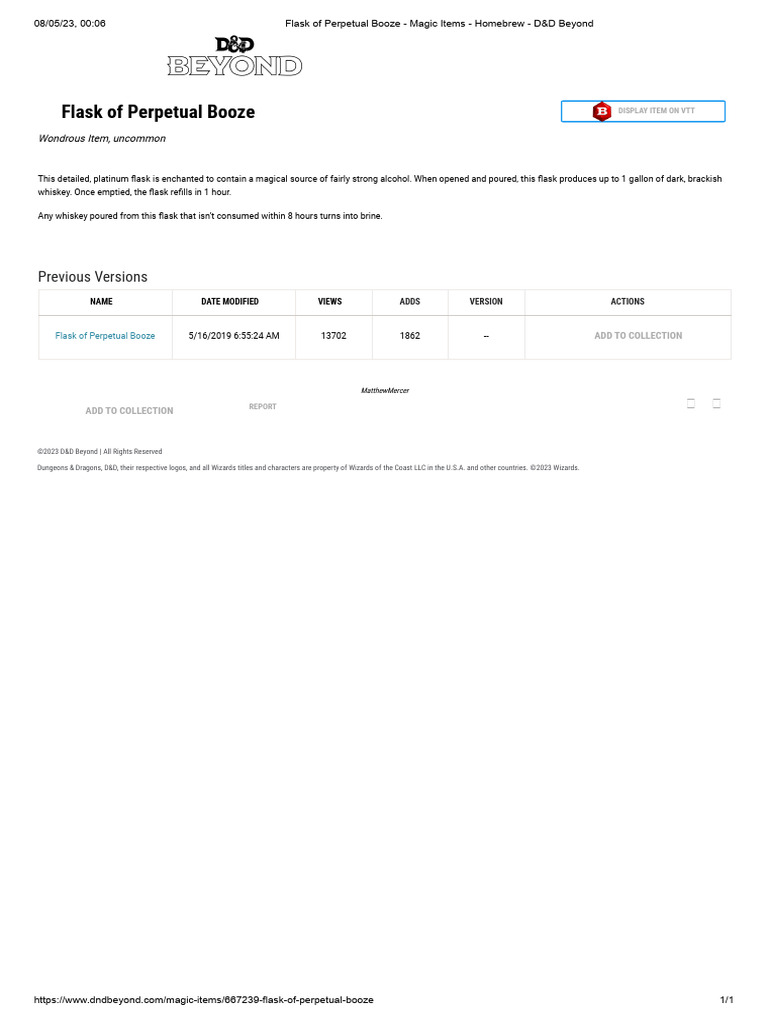 Flask of Perpetual Booze - Magic Items - Homebrew - D&D Beyond | PDF