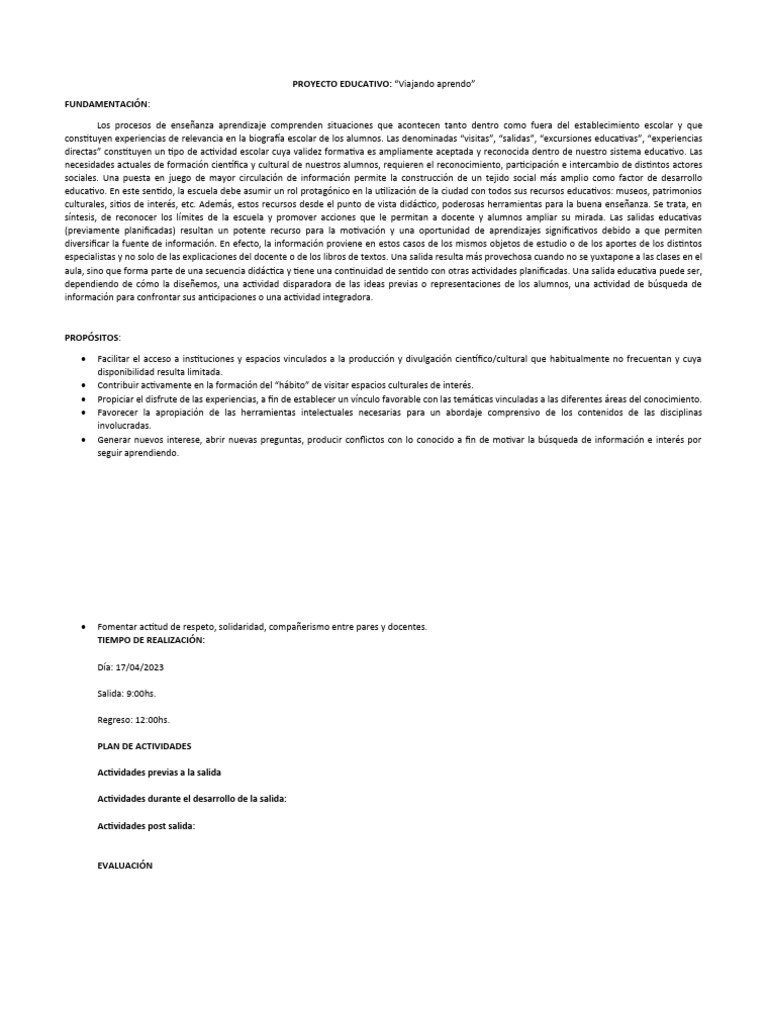 PROYECTO Viajando Aprendo | PDF | Enseñando | Evaluación