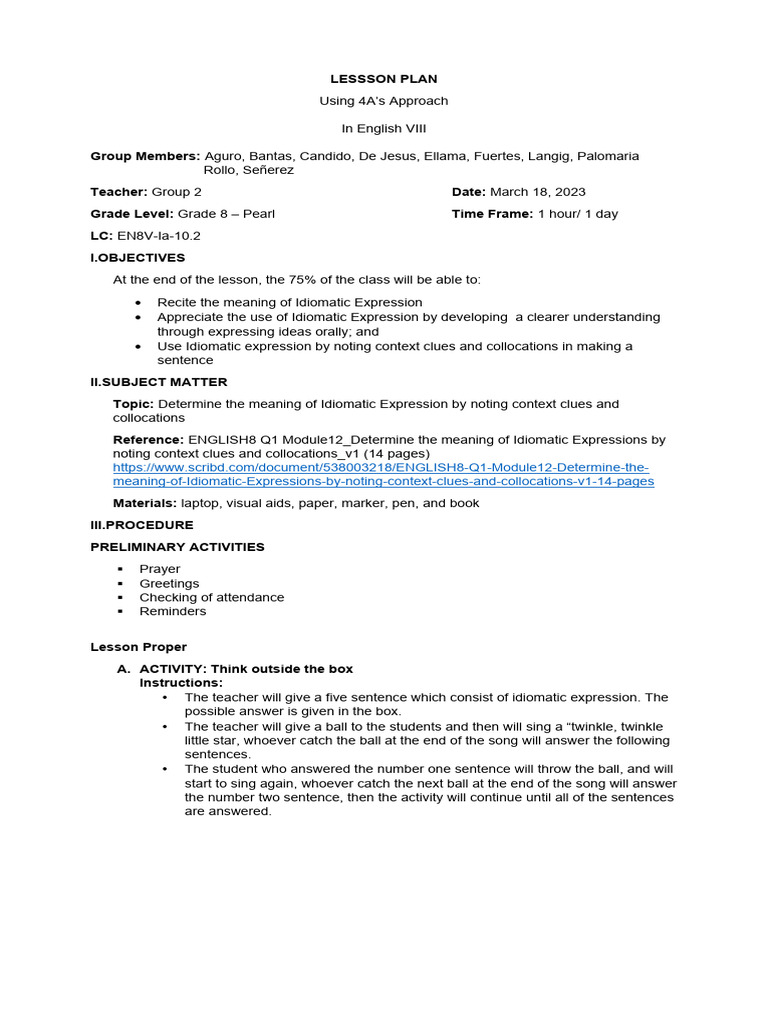 Grade 8 Idiomatic Expressions Lesson | PDF | Idiom | Linguistics