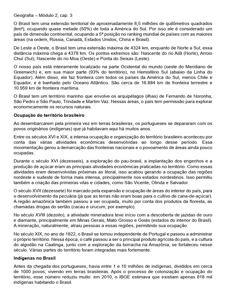 Resumo de Geografia - Mod 2. Cap3 - 7º Ano | PDF | Brasil | Agricultura