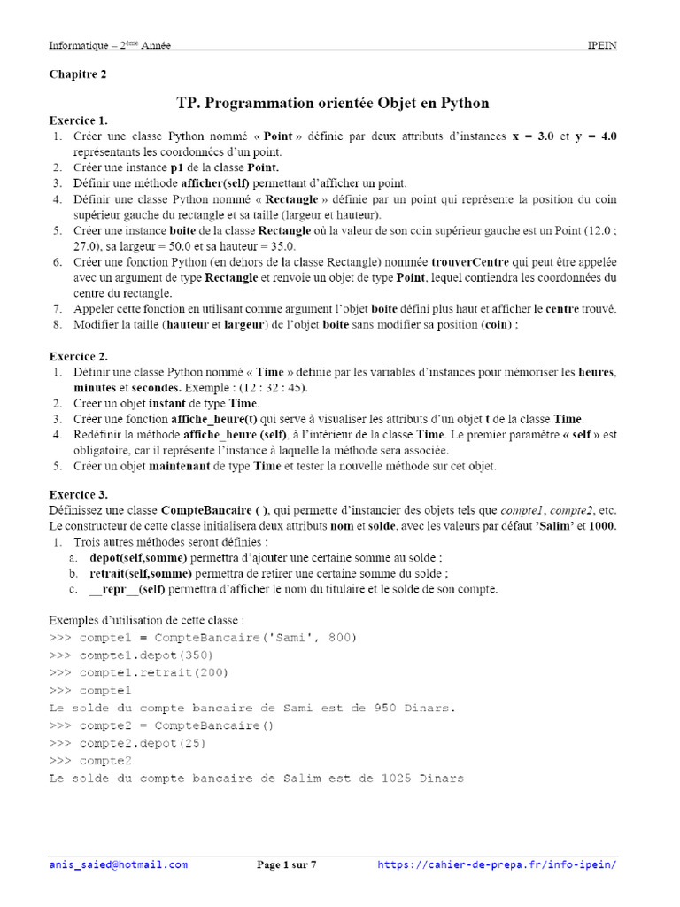 Tp Programmation Orientée Objet En Python Pdf