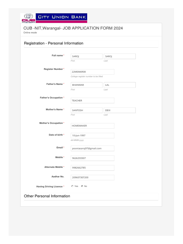 CUB-Job Application Form Executive Cadre-1 | PDF