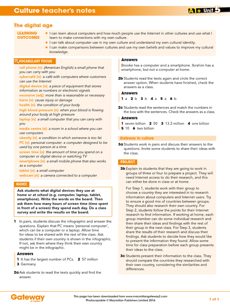 A1+ UNIT 5 Culture teacher's notes | PDF | Smartphone | Tablet Computer