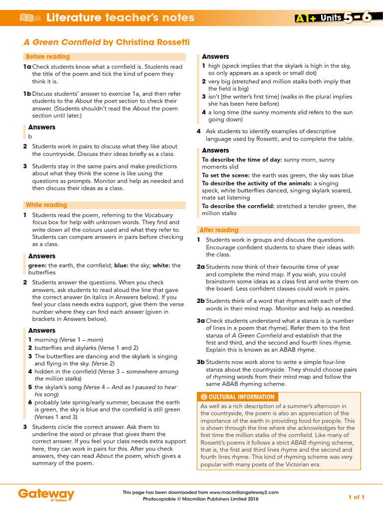 A1+ UNITS 5 and 6 Literature Teacher's Notes | PDF | Poetry | Rhyme