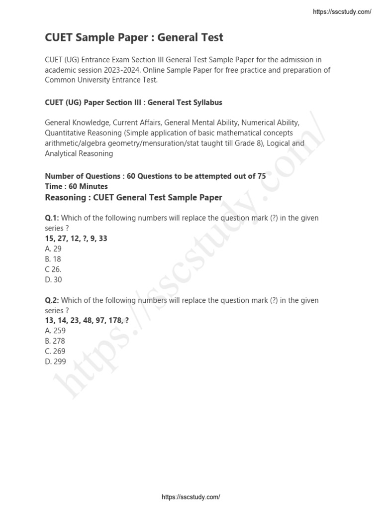 CUET 2024 General Test Sample Paper | PDF