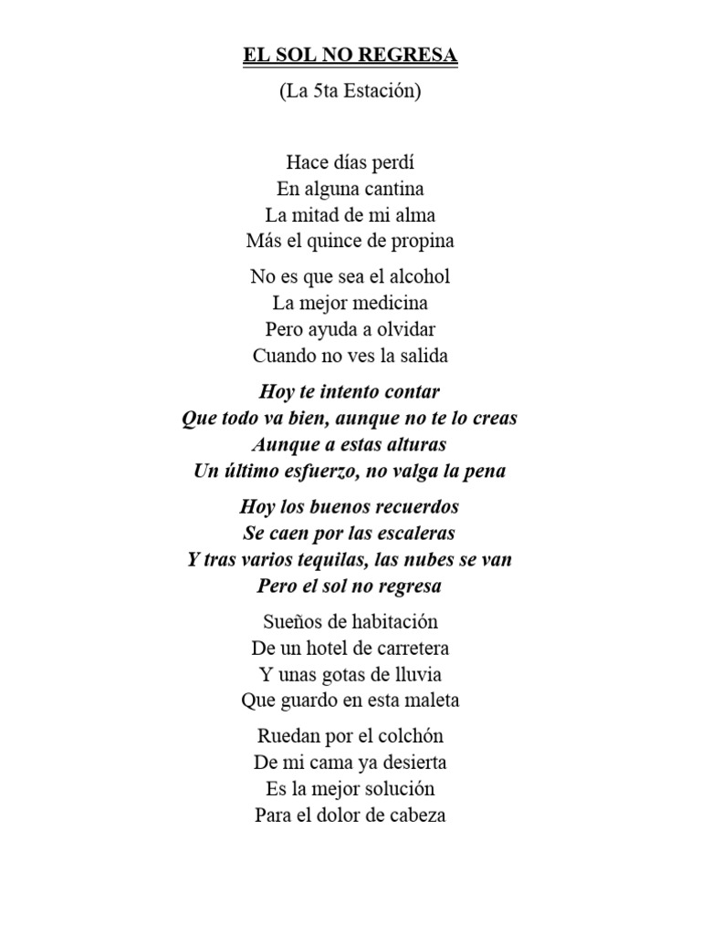 Letra de "El Sol No Regresa" | PDF